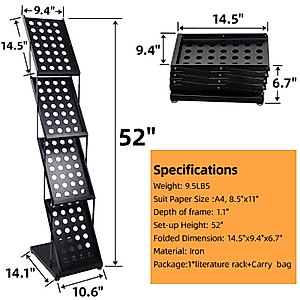 PUJIANG 4 Pockets Folding Magazine Rack，Floor Metal Black Literature Rack with Case Brochure Stand Literature Stand Catalog Holder Stand Flyer Display Stand for Trade Show Exhibition Office Retail