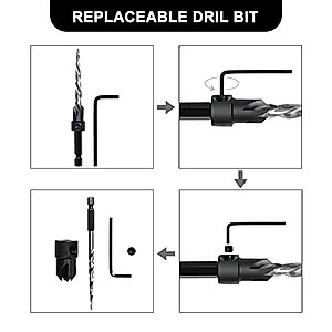 BeHappy Countersink Drill Bit Set, 5PCS M2 HSS Tapered Wood Countersink Drill Bits #4, 6, 8, 10, 12 Tapered Bit with 1/4" Hex Shank Quick, Allen Wrench, Counter Sinker Drill Bit Set for Woodworking