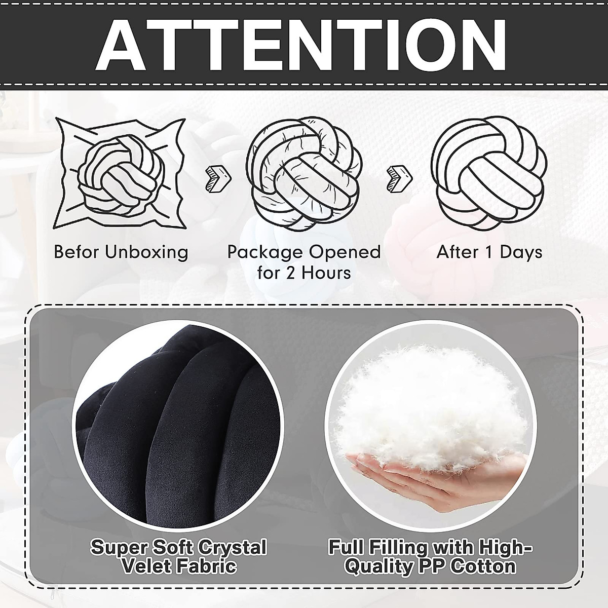 Namalu 2 Pieces Knot Ball Pillows Round Plush Aesthetic Cushion Pillows Soft Stress Relieving Cute Decorative Knotted Pillows for Kids Bed Sofa Bedroom Decor (Black, 7.87 Inches)