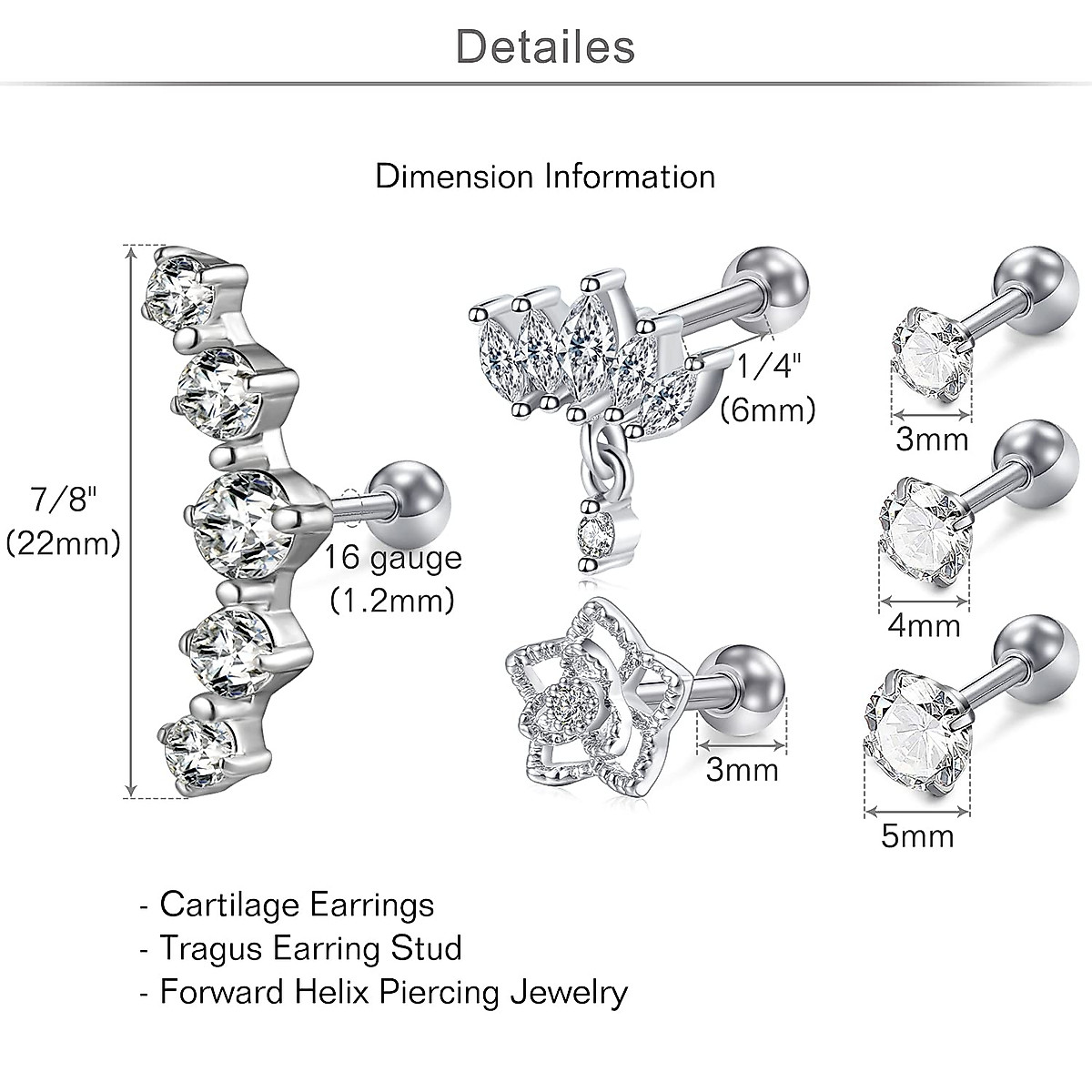 MODRSA 16G Cartilage Piercing Jewelry Tragus Earrings Forward Helix Piercing Jewelry for Women Stainless Steel Cubic Zirconia Stud Earrings Silve