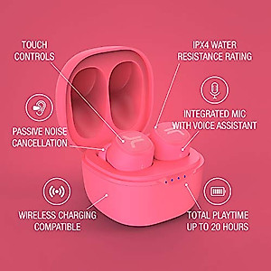 WeSC True Wireless Headphones, Bluetooth Earphones with LED Wireless Charging Case, 20Hrs Playtime, Touch Control, IPX4 Water Resistant Earbuds - Neon Pink