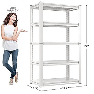 Raybee 72" Garage Shelving Heavy Duty Garage Storage Shelves Load 2000LBS, Adjustable 5-Tier Heavy Duty Shelving, Tall Garage Shelves ＆ All Metal Shelving Utility Shelf, 72" H x31.7 W x16.3 D, White