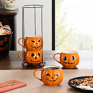 Way To Happiness 13-Ounce Halloween Orange Pumpkin Stoneware Stackable Mug Set with Iron Rack, Cute and Spooky Coffe Mugs