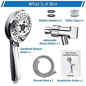 Atthomie Modern Shower Head with 6 Spray Settings, Anti-Clog Detachable & Removable, 60 Inch Stainless Steel Hose, Adjustable Brass Joint, Tool-Free Installation