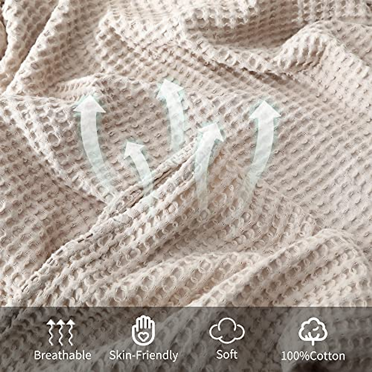 Waffle Blanket King 100% Cotton Bed Blanket, 380 GSM Waffle Weave Throw Blanket for All Seasons, Pre-Washed and Anti-Shrinkage Soft Lightweight Blanket for Bed, Sofa (Khaki,90x104)