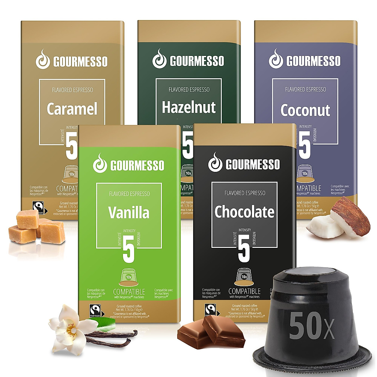 Gourmesso 50ct Flavored Espresso Pods | Int.5 | Proudly Fairtrade | Compatible with Nespresso Original Capsule Machines | Caramel Vanilla Chocolate Hazelnut Coconut