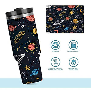 FRCSDIY Cartoon Planet Insulated Tumbler with Handle and Straw Lid,30oz Leakproof Stainless Steel Cup BPA-Free Water Bottle