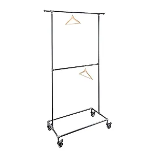 PIPE DECOR 39” x 20 ¼” x 82” Rolling Steel Pipe Double Rod Clothing Rack, Commercial or Residential Industrial Clothes Display, Heavy Duty Black Steel Metal Wheeled Garment Frame