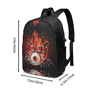 AMRANDOM School Backpack Book Bag Rock Roll Drums Flame Drummer Skull Supplies For College Students Travel Laptop Backpack With One Size