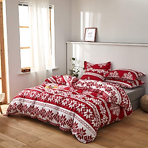 Christmas Duvet Cover Set Queen Size, Red and White Snowflake Xmas Holiday Pattern Design, Soft Microfiber Duvet Cover with Zipper Closure, Includes 1 Duvet Cover and 2 Pillow Shams