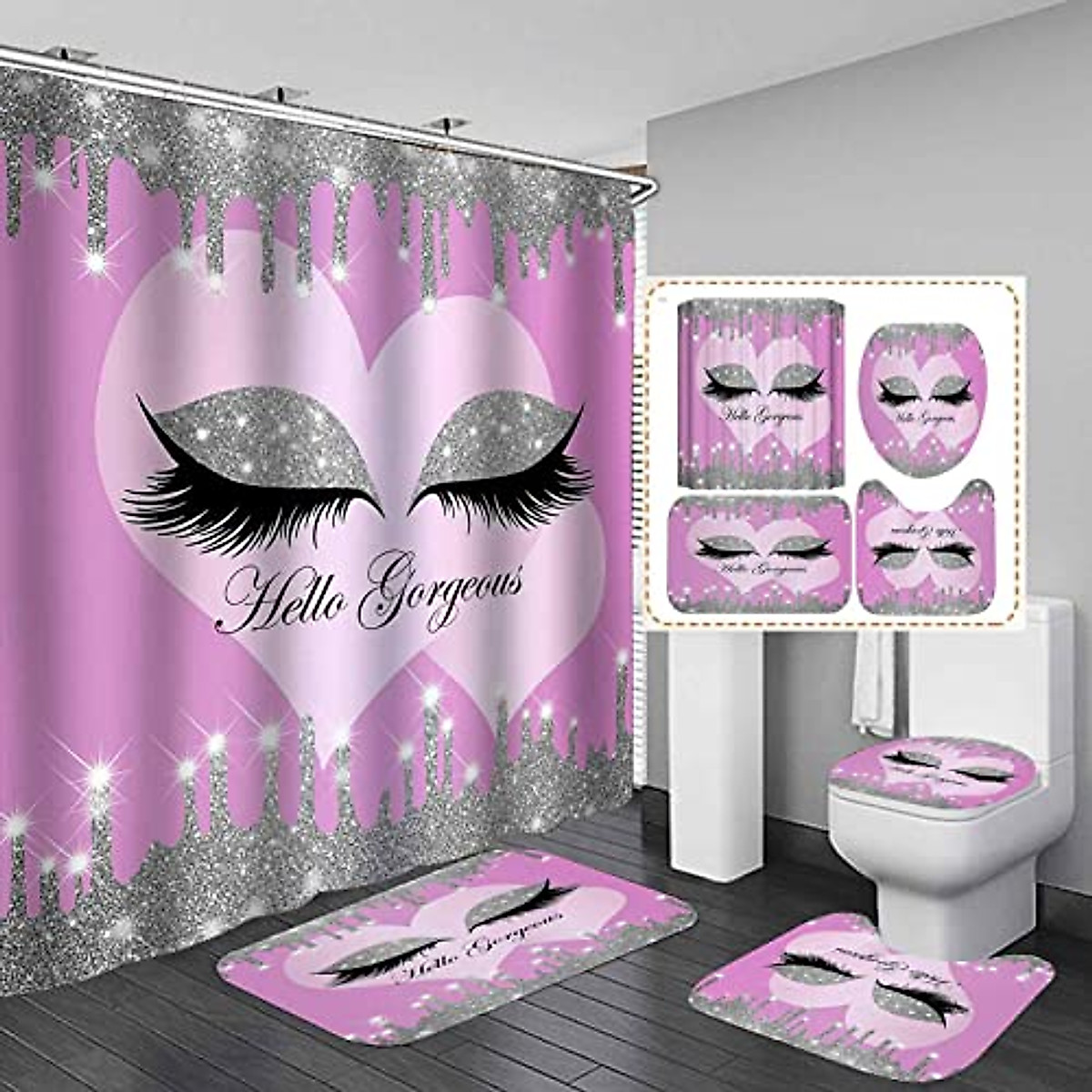 Dia Magico 4PCS Eyelash Shower Curtain Set, Hello Gorgeous Bling Silver Drips Glitter Eyeshadow Pink Heart Makeup Glam Modern Fashion Girl Bathroom Decor Fabric Purple Shower Curtain Non-slip Bath Mat