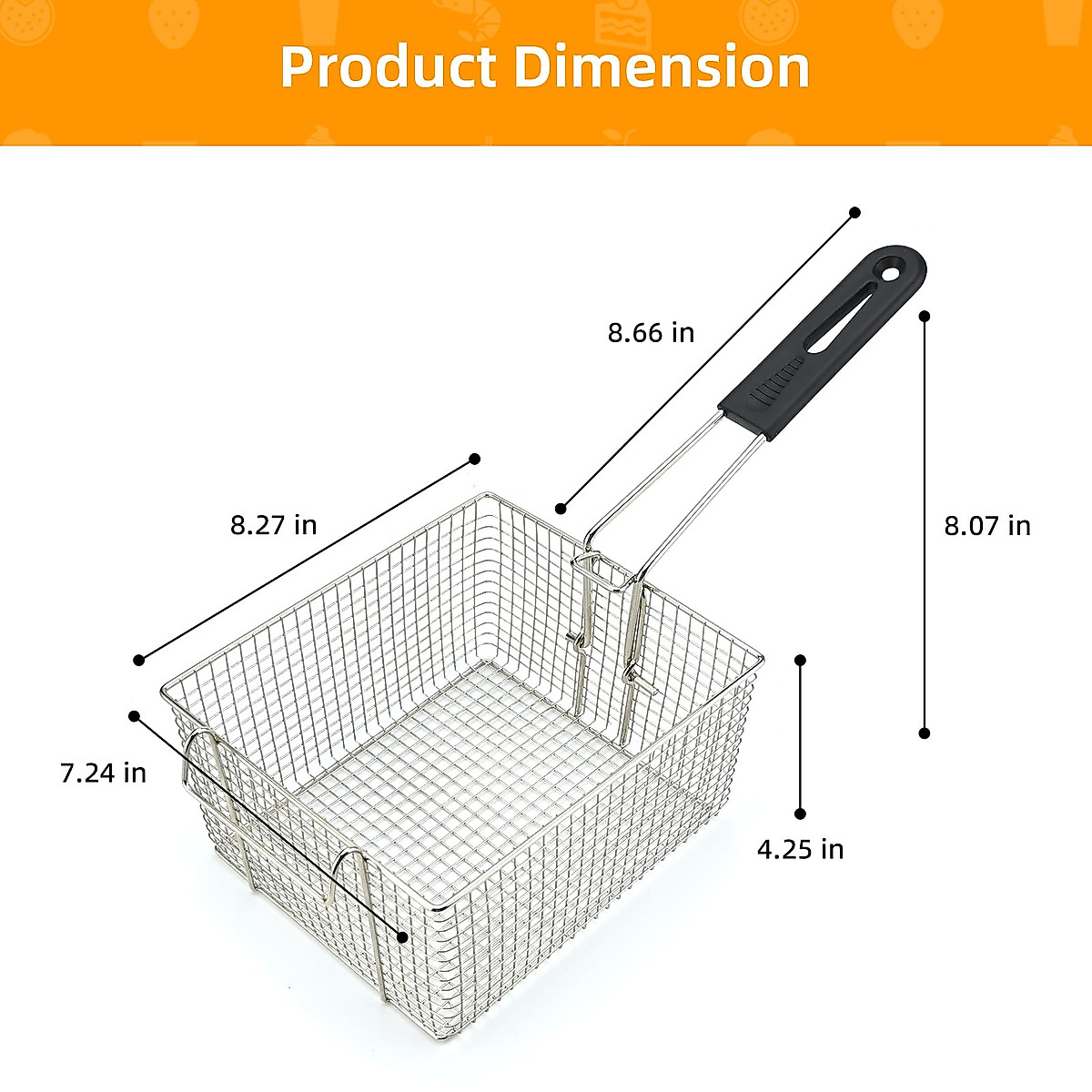 Delizon Electric Fryer Basket for Frying Serving Food, with Rubber Handle Grip, 7.2" x 8.3" x 4.3" Heavy Duty Construction Suitable for fry chicken, fish, french fries