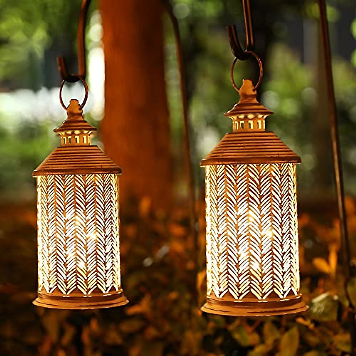 JHY DESIGN Set of 2 Metal Table Lamp Battery Powered 10.5" Tall Cordless Lamp Light with Edison Style Bulb Battery Operated Great for Living Room Bedroom Parties Indoors Outdoors (Bamboo Leaves)