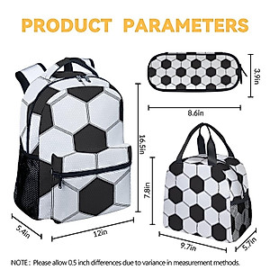 NICEFORNICE Soccer Kids Backpack with Lunch Box, Set of 3 School Backpacks Matching Combo, Cute Black Bookbag and Pencil Case Bundle