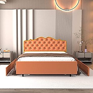 Queen Size Metal Platform Bed Frame, with Upholstered Headboard, 4 Storage Drawers, Heavy Duty Mattress Foundation w/Wood Slat Support, No Box Spring, Coffee