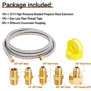 Propane Hose Extension Stainless Steel 10 Feet,3/8" Female Flare Includes 5 Conversion Coupling and Thread Tape,for RV, BBQ Grill, Propane Tank, Heater Braided Propane Gas Line