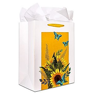XJF 13in Large Sunflowers Gift Bag,Watercolor Flowers Gift Bag with Tissue Paper,Sunflowers Gift Bag for Birthdays,Mothers Day,Anniversary,Baby Shower,Bridal Shower,Yellow