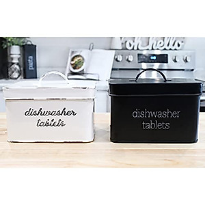 AuldHome Black Dishwasher Pod Holder, Tablet Container; Enamelware Kitchen Storage Tin with Lid