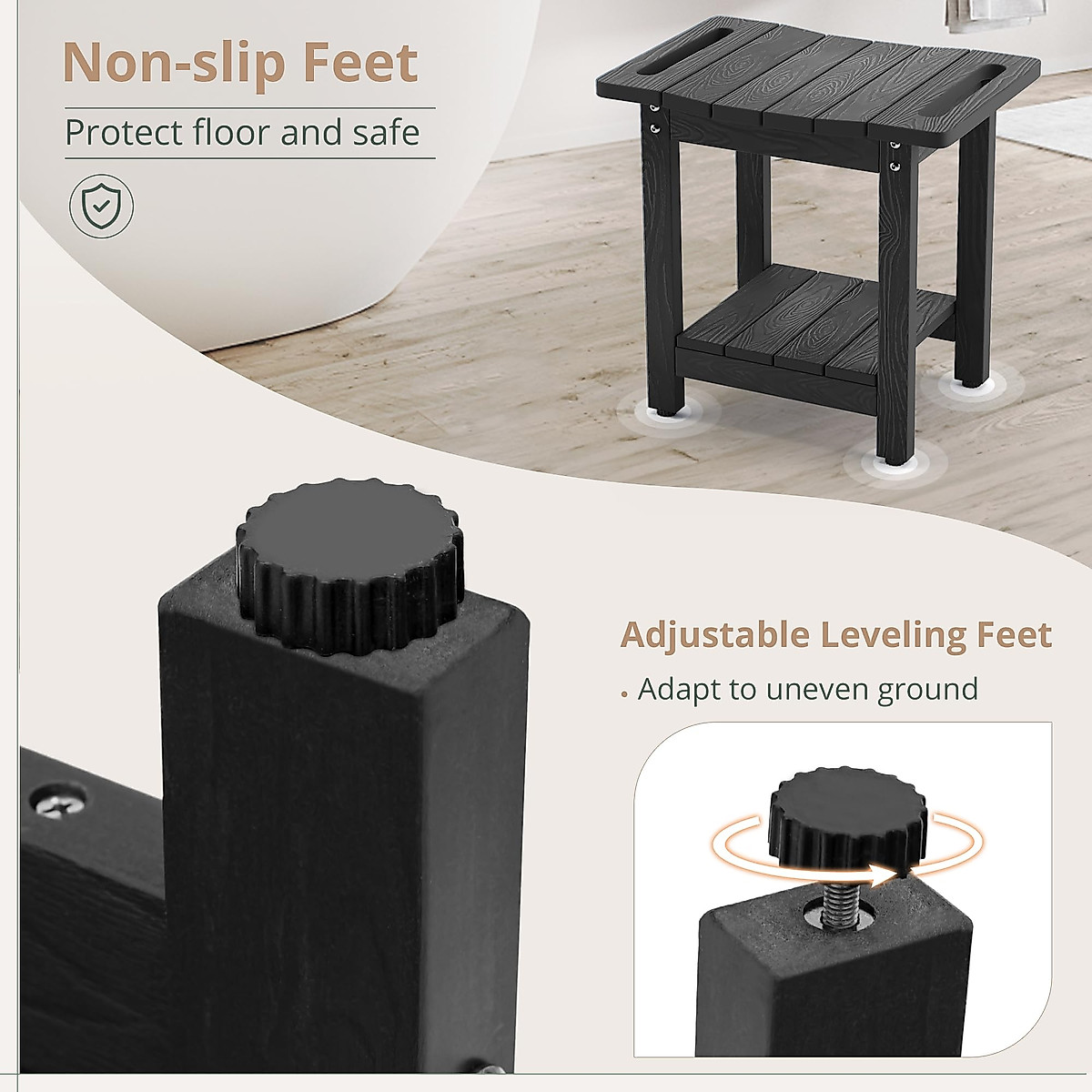 LUE BONA HDPS Shower Benches for Inside Shower, Black Shower Stool for Shaving Legs with Shelf, Waterproof Shower Chair Seat for Spa Bathroom, Weather Resistant/Non-Slip/Handles/Indoor or Outdoor Use