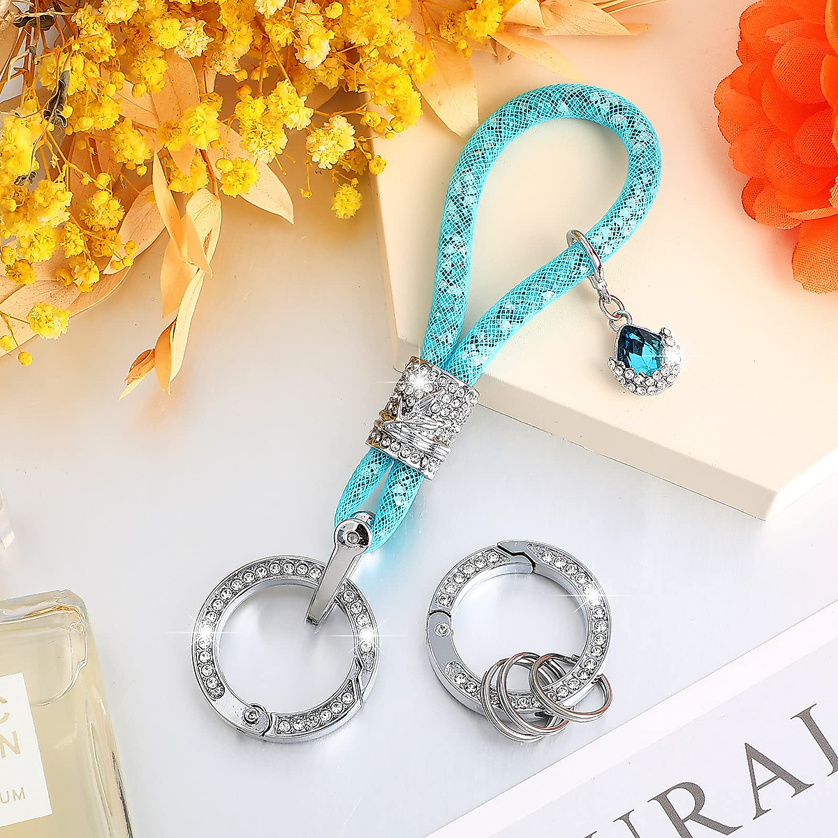Frienda 1 Piece Crystal Bling Car Keychain for Women Glitter Rhinestone Ring Strap Fob Car Key Chains DIY Crafts (Lake Blue)