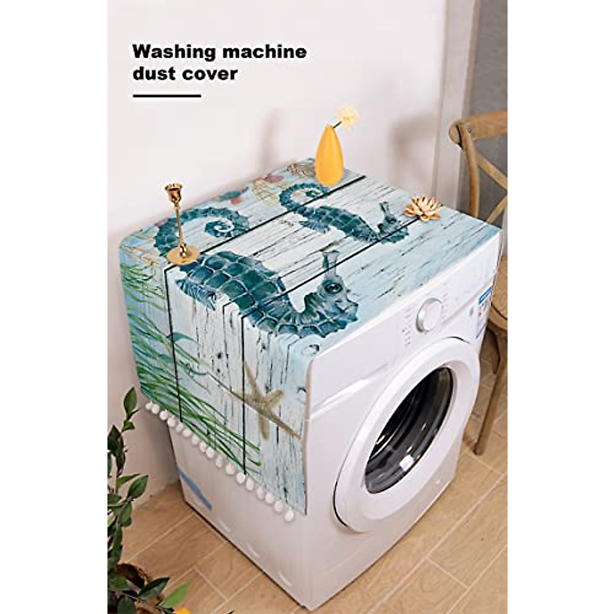 Washer Dryer Top Covers Hippocampus Ocean Life Fridge Dust Proof Cover Tablecloth Non Slip Nautical Compass Decorative Kitchen Appliance Protector with Side Storage Pockets 28x67inch