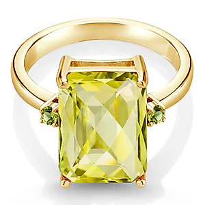 Gem Stone King 18K Yellow Gold Plated Silver Yellow Lemon Quartz and Green Peridot Ring For Women (6.95 Cttw, Emerald Cut Checkerboard 14x10MM, Gemstone Birthstone, Available In Size 5, 6, 7, 8, 9)