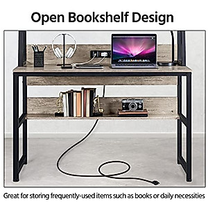 Yaheetech Home Office 47 Inch Writing Desk with Power Outlets and 2 USB Charging Ports for Studying, Gaming Table Computer Desk with Hutch and Bookshelf, Metal Frame Workstation for Office, Gray