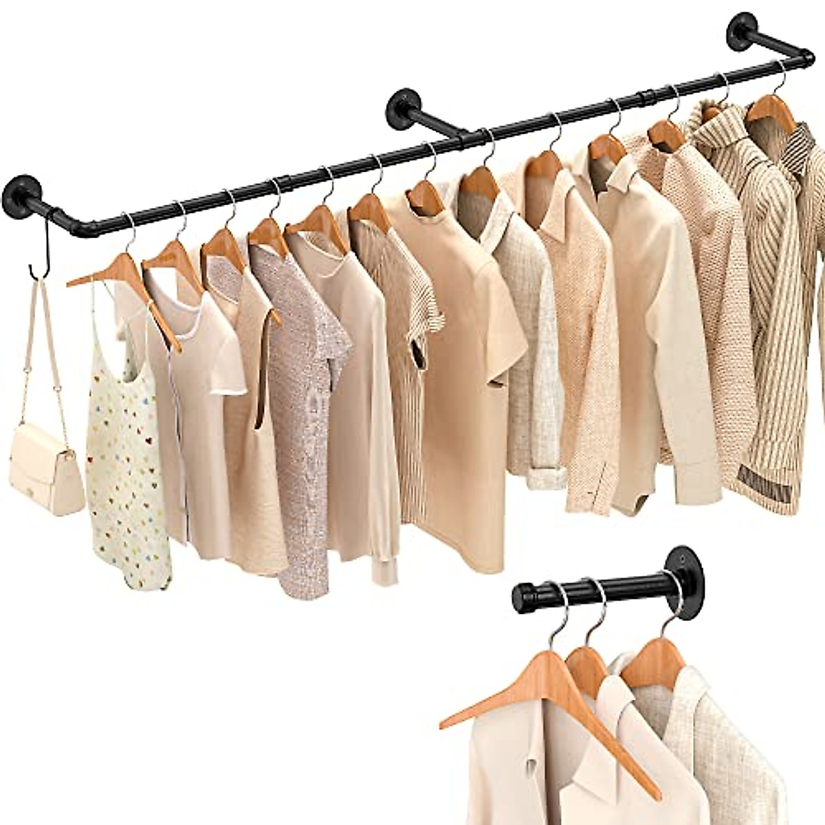 Industrial Pipe Clothes Bar Wall Mounted Rustic Metal Garment Rack Heavy Duty Hanger Holder Laundry Room Boutique Store Clothing Display Black