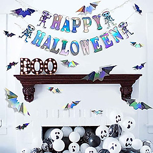 Happy Halloween Banner Sign Iridescent Skull Hanging Bunting with 3D Bat Wall Decal Sticker in Holographic Black Silver with LED String Light for Halloween All Hallows Eve Birthday Party Decorations