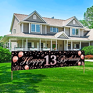 13th Birthday Banner Decorations for Girls, Rose Gold 13 Year Old Birthday Party Supplies, Happy Sweet Thirteen Birthday Sign Decor for Indoor Outdoor