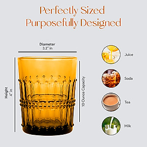 Vintage Old Fashion Whiskey Glasses, 10 Oz, Romantic Water Tumblers, Barware Glasses for Scotch, Bourbon, or Cocktails, Embossed Amber Beaded Glasses-Set of 4
