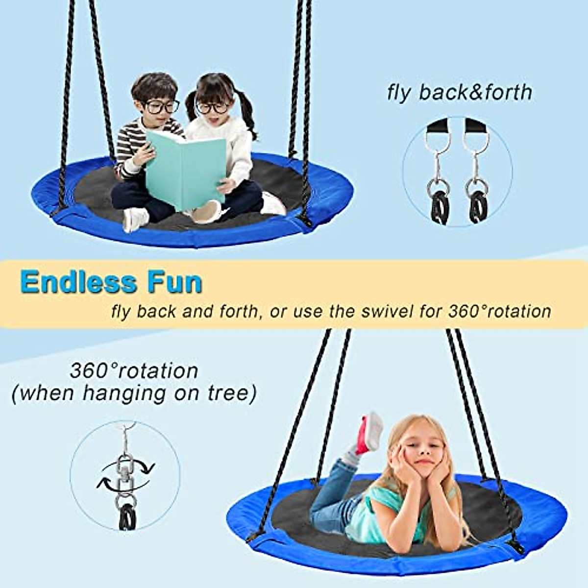 43” Saucer Tree Swing,700lbs Weight Capacity,Waterproof Textilene 360 Degree Rotation w/ 1 Swivel,2 Adjustable Ropes&2 Hanging Straps,Easy to Install,for Kids Adults Backyard,Playground(Blue)