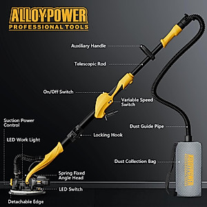 ALLOYPOWER Drywall Sander, 1050W Electric Drywall Sander with Vacuum Dust Collection, 6 Variable Speed 2100RPM,Double-Deck LED Light, Foldable & Extendable Handle, Dust Bag and Hose