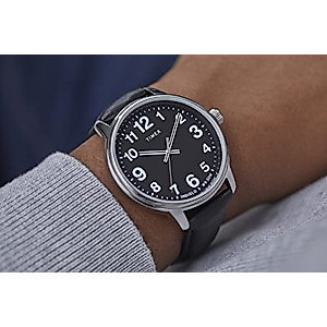 Timex Men's Easy Reader Bold 43mm Watch – Silver-Tone Case Black Dial with Black Leather Strap