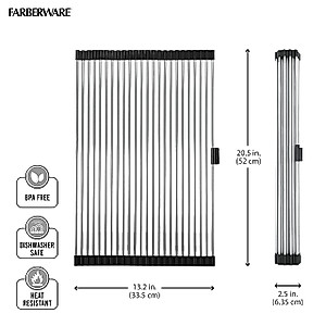Farberware Roll up Dish Drying Over The Sink Rack Mat with Stainless Steel Wires, Large, Silver/Black