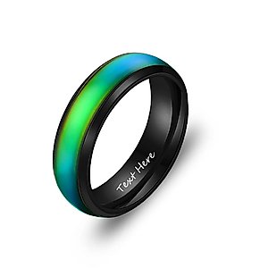 Personalized Mood Ring for Him Her,Custom Temperature Sensative Ring Name Engraved Finger Band Stainless Steel Color Changing Wedding Band for Men Women Black,Size 5-13