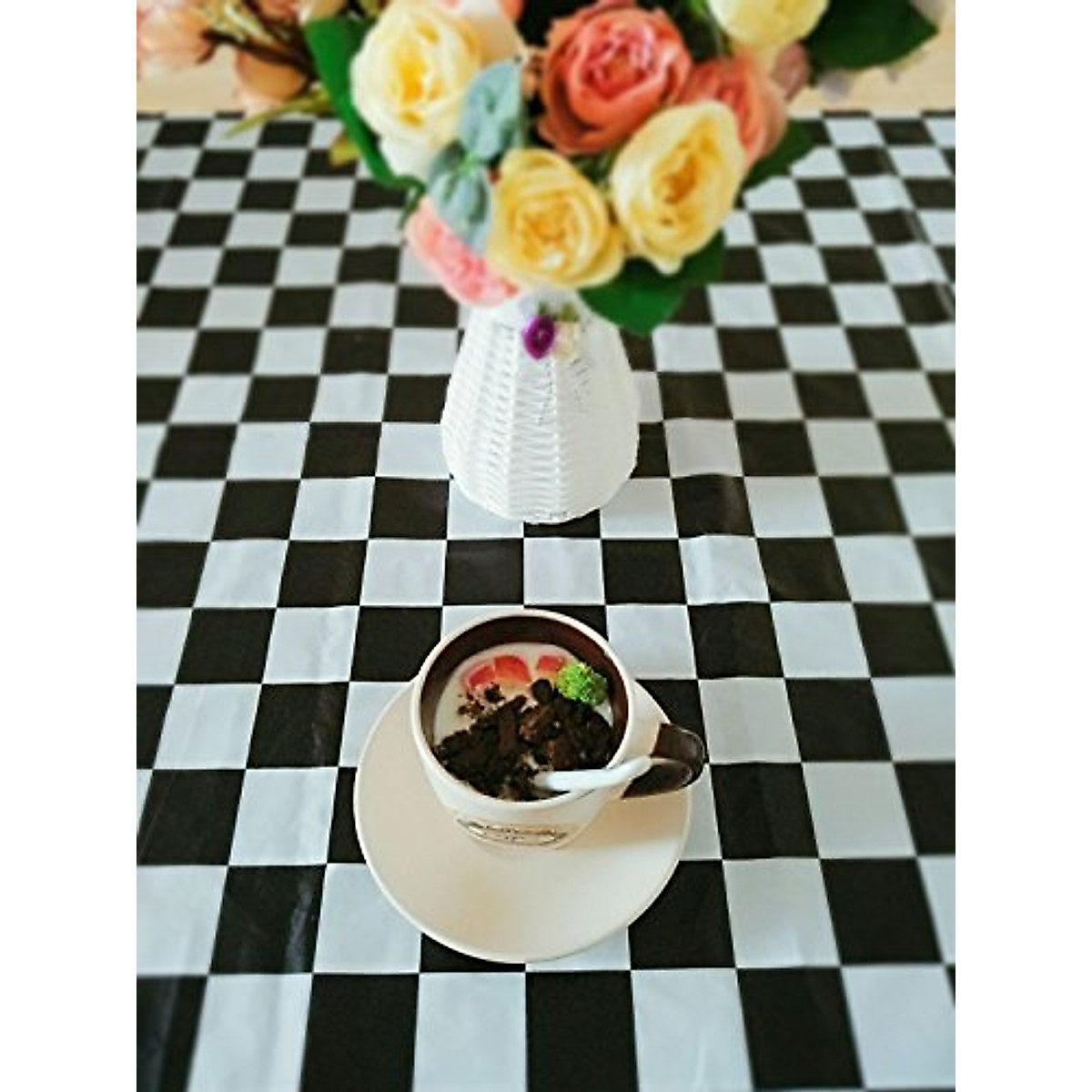 BRICHBROW Pcs of 2 Premium Plastic Checkered Flag Tablecloths Picnic Table Covers, Tablecovers Party Favor (2, Black)