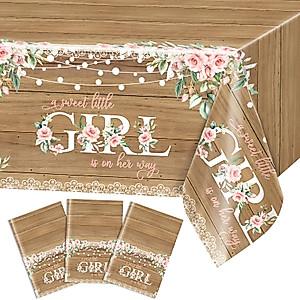 Avezano 3pcs Girl Baby Shower Tablecloth Rustic Girl Baby Shower Party Tablecovers Decorations A Sweet Little Girl is on Her Way Baby Shower Table Cloth Decor Large Size, 108 x 54 Inches