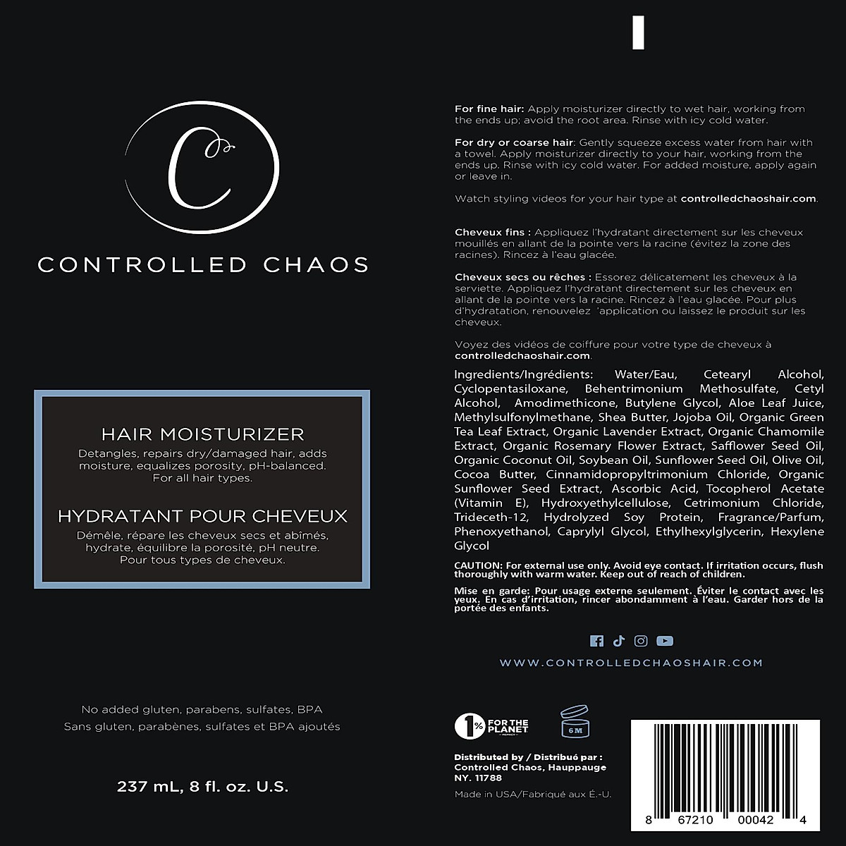 Controlled Chaos Hair Moisturizer for Curly Hair - Paraben & Sulfate Free, Moisturizes & Defines Extra Dry, Curly & Coarse Hair, Leave-in Hair Conditioner - 8 oz