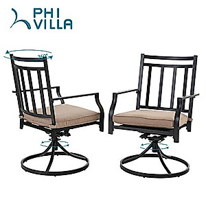 PHI VILLA 7 Pieces Patio Dining Set, 6 Patio Cushioned Swivel Rocker Chairs and 60” Large Rectangle Outdoor Metal Table with 1.57” Umbrella Hole for Deck,Lawn, Garden