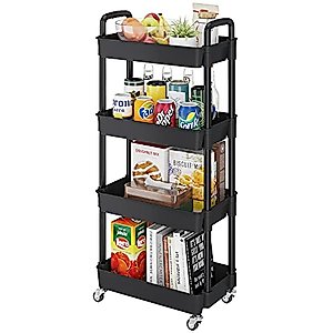 Buzowruil 4-Tier Utility Rolling Plastic Storage Cart Trolley with Lockable Wheels,Multifunctional Storage Shelves for Kitchen Living Room Office,Black