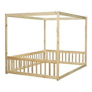 Full Size Canopy Bed Frame with Guardrails for Kids,Floor Bed Full with Four Poster Design,Kids Montessori Floor Bed,Wood Canopy Bed Frame for Girls,Boys(Full,Natural)