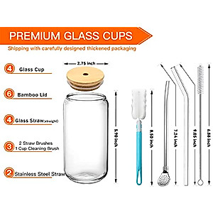 4 Pcs Drinking Glasses with Bamboo Lids(6) and Glass Straws(4) - 18.5 Oz Can Shaped Glass Cups Beer Glasses Ice Coffee Glasses Cute Tumbler Cup Great for Soda Boba Tea Cocktail Include Cleaning Brush
