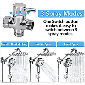 Shower Head - 8" High Pressure Rainfall Shower Head with 11" Extension Arm, 9 Settings Handheld Shower Head Combo, Anti-leak Shower Head with Holder, Height/Angle Adjustable, 1.5M House, Chrome
