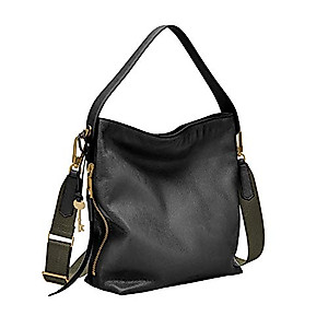 Fossil Women's Maya Leather Small Hobo Handbag, Black with Women's Logan Faux Leather RFID Zip Around Clutch Wallet, Black