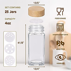 CUCUMI 25pcs Spice Jars with Labels 4oz Glass Spice Bottles with Bamboo Lids, Silicone Collapsible Funnel, Test Tube Brush and Chalk Marker, Seasoning Containers for Spice Rack, Cabinet and Drawer