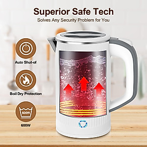 EVATEK Small Electric Kettle, 600W Mini Portable Tea Kettle, Travel Stainless Steel Interior Hot Water Boiler, Auto Shut-Off & No Base, Gift for Camping, Office, Student Dormitory