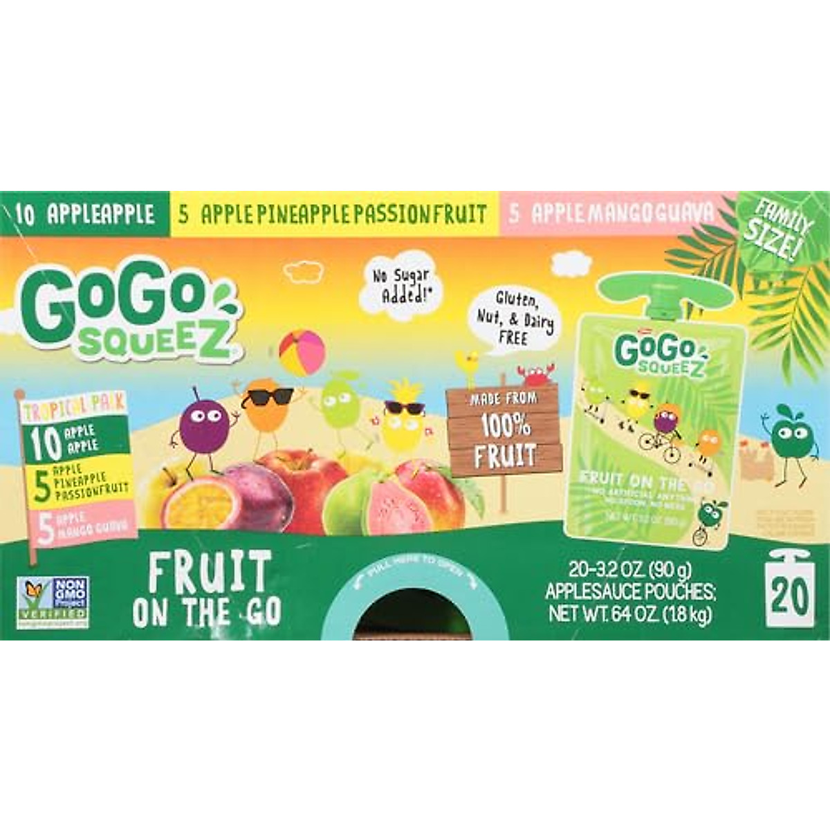 GoGo squeeZ Fruit on the Go Variety Pack, Apple, Mango Guava & Pineapple Passionfruit, 3.2 oz (Pack of 20), Unsweetened Snacks for Kids, No Gluten, Nut Dairy, Recloseable Cap, BPA Free Pouches