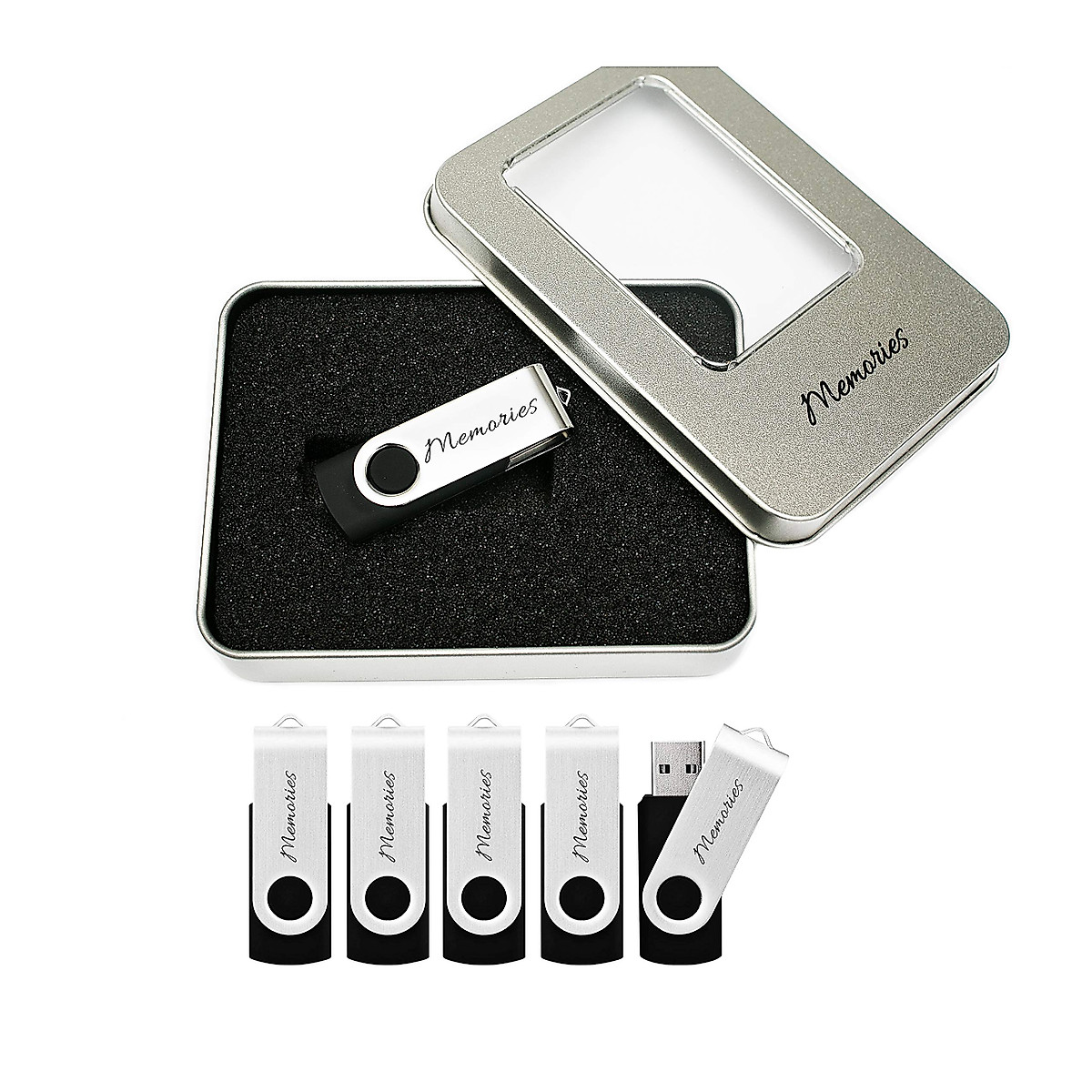 32GB Storage USB Flash Drive 3.0 with Tin Case/Box Set of 5 Thumb Drive Package. Flash Drive and Case for Weddings, Memories, Videos Perfect for Professional Photographers (Memories Label)