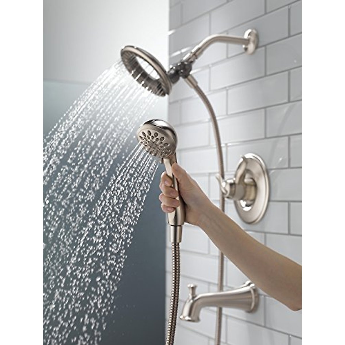 Delta Faucet Linden 17 Series Dual-Function Tub and Shower Trim Kit, Shower Faucet with 4-Spray In2ition 2-in-1 Dual Hand Held Shower Head with Hose, Stainless T17494-SS-I (Valve Not Included)